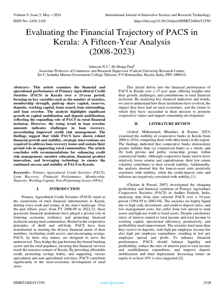 Evaluating The Financial Trajectory of PACS in Kerala: A Fifteen-Year Analysis (2008-2023) | PDF ...