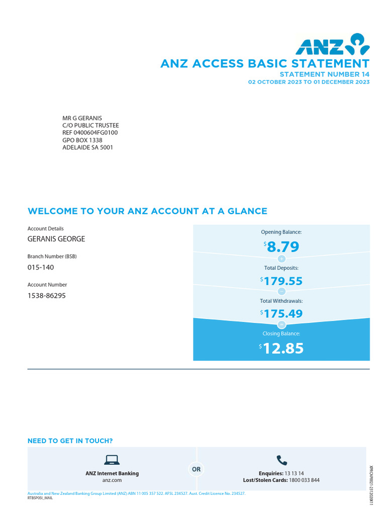 ANZ Account Statement Oct-Dec 2023 | PDF | Debit Card | Visa Inc.