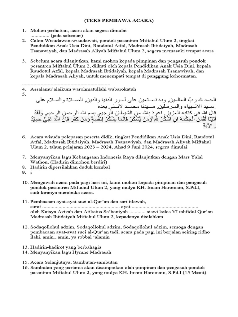 Teks MC Wisuda Miftahul Ulum Tahun 2024 | PDF