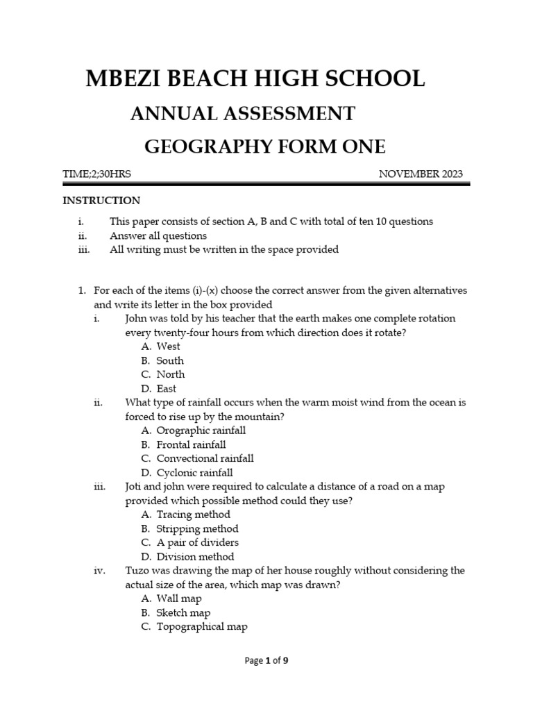 Geography Form One Assessment 2023 | PDF | Contour Line | Natural Sciences