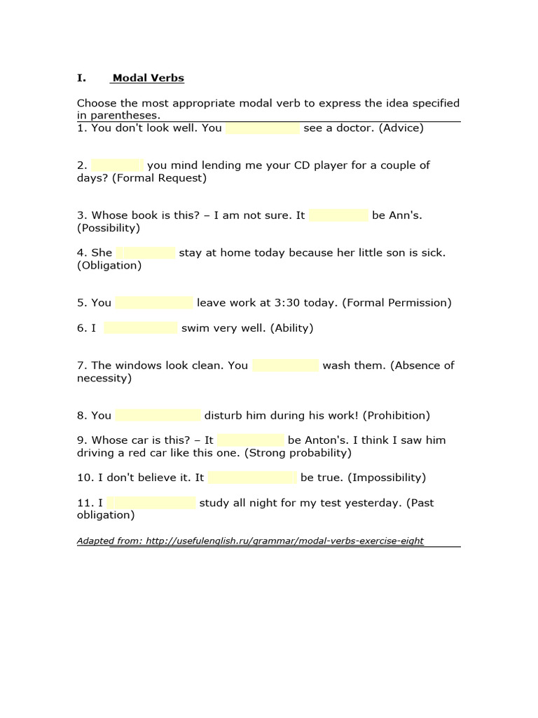 Modal Verb Exercises | PDF | Verb | Linguistic Typology