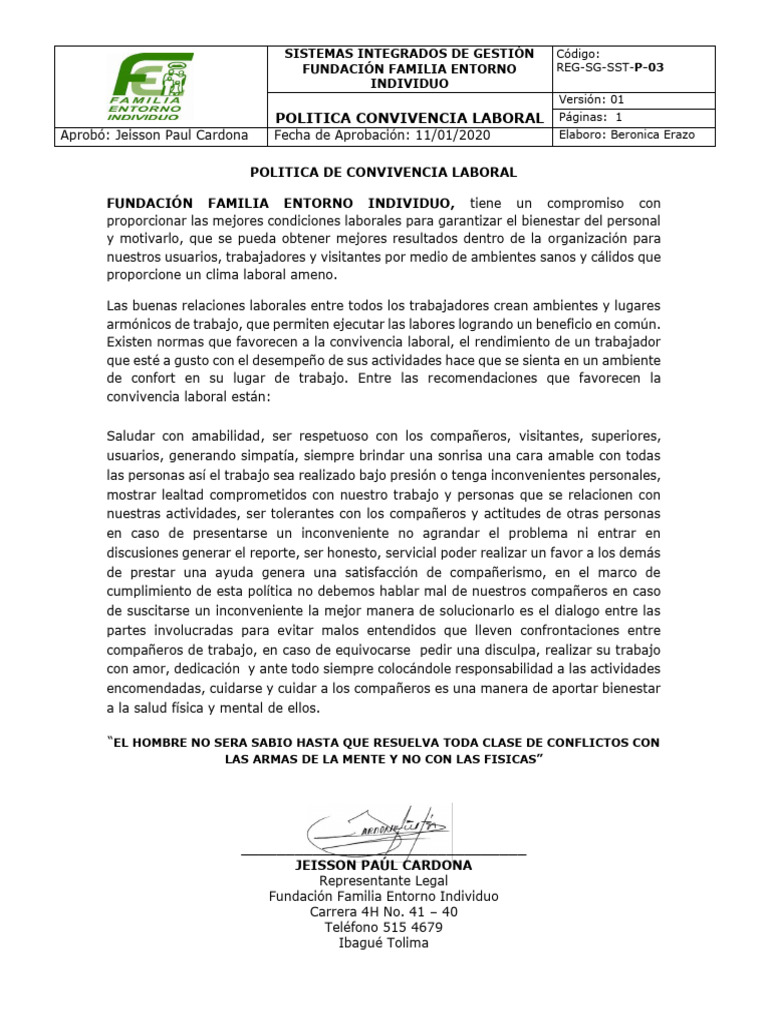 1.1.8.1 Politica de Convivencia Laboral | PDF