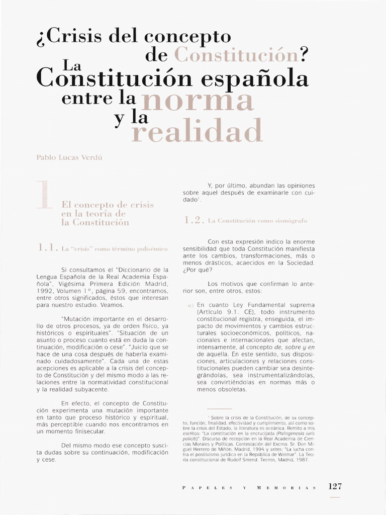 Pablo Lucas Verdú (1998) Crisis Concepto Constitucional. CE Entre Norma ...