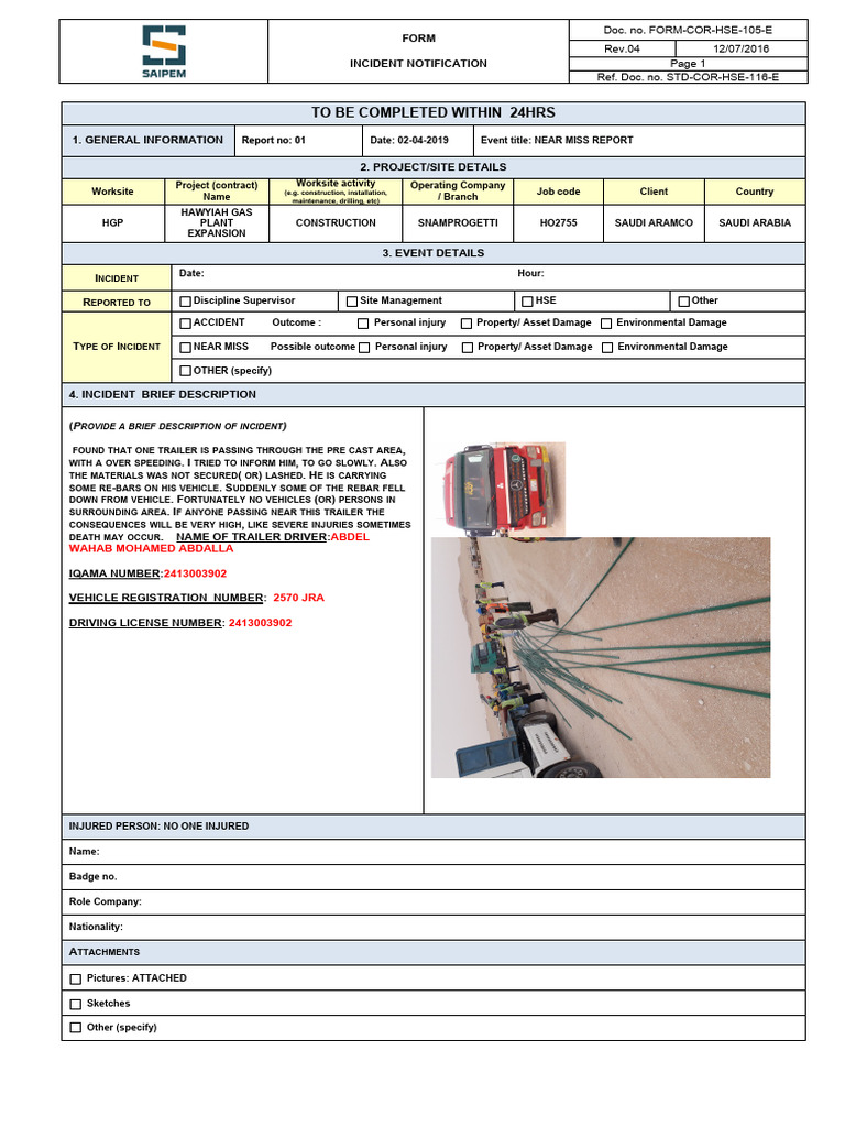 Incident Notification Form FORM COR HSE 105 E R04 | PDF | Safety