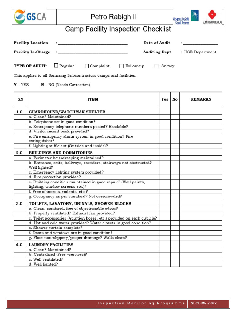 Camp Facility Inspection Checklist | PDF | Firefighting | Toilet