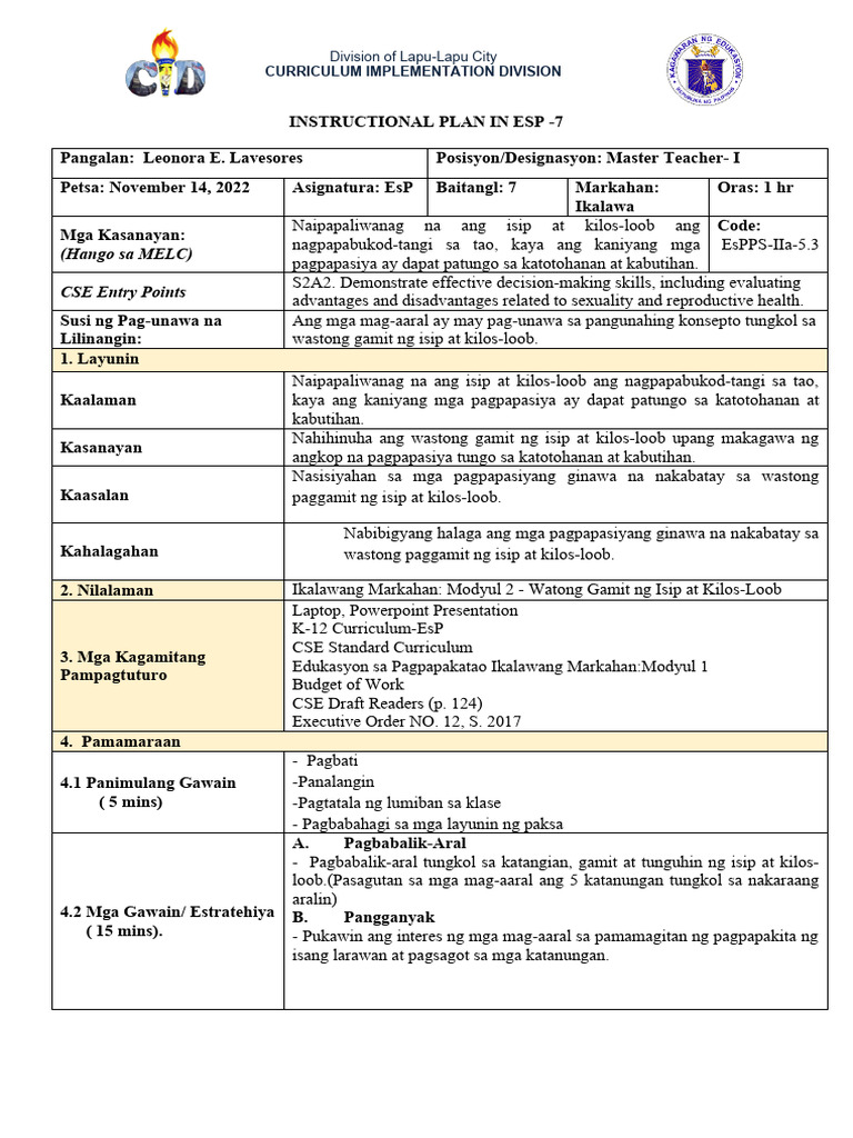 Q2-W2-D1 Esp7 - With Cse-Lavesores | PDF