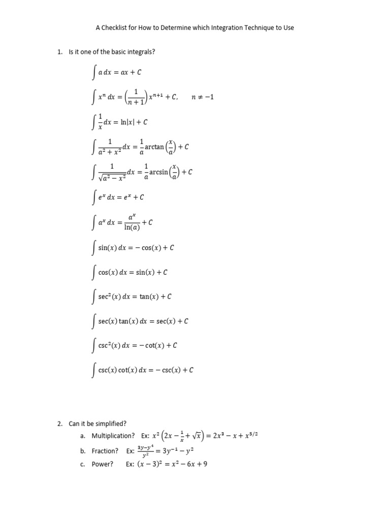Integration-checklist | PDF | Numbers | Mathematical Concepts