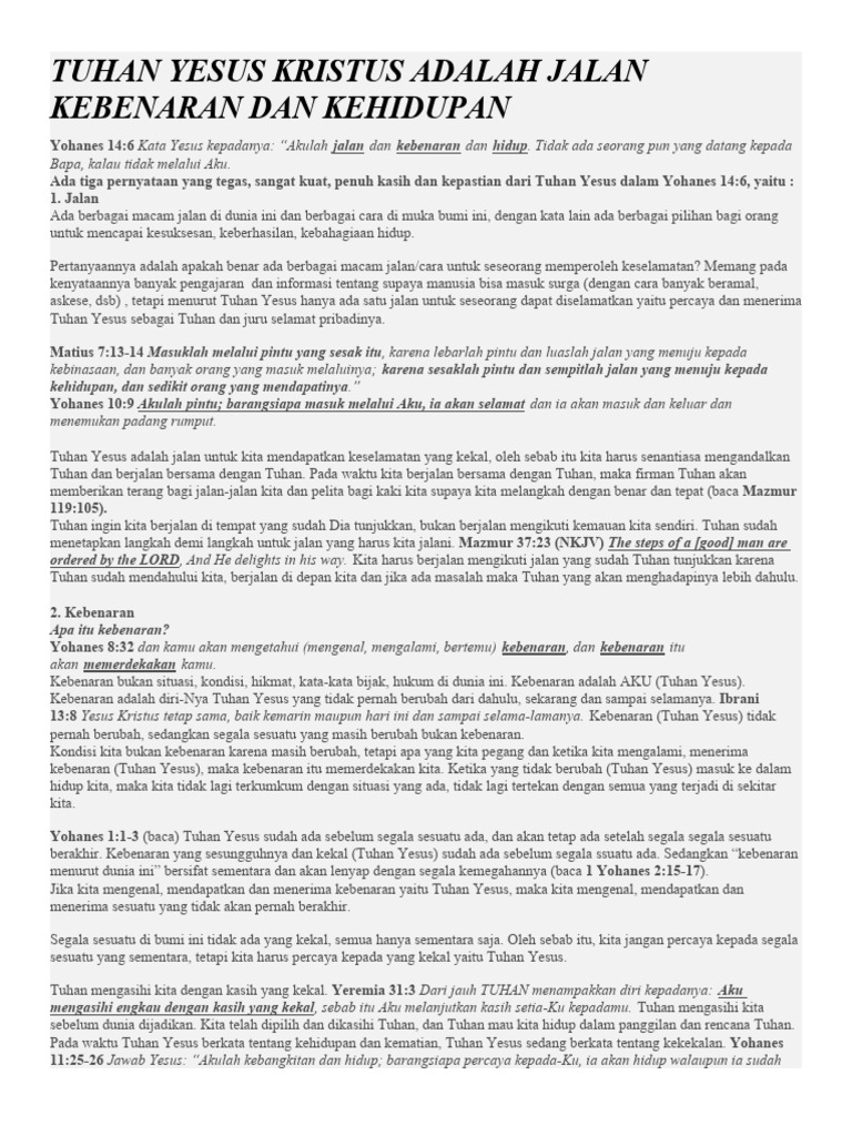 Tuhan Yesus Kristus Adalah Jalan Kebenaran Dan Kehidupan | PDF