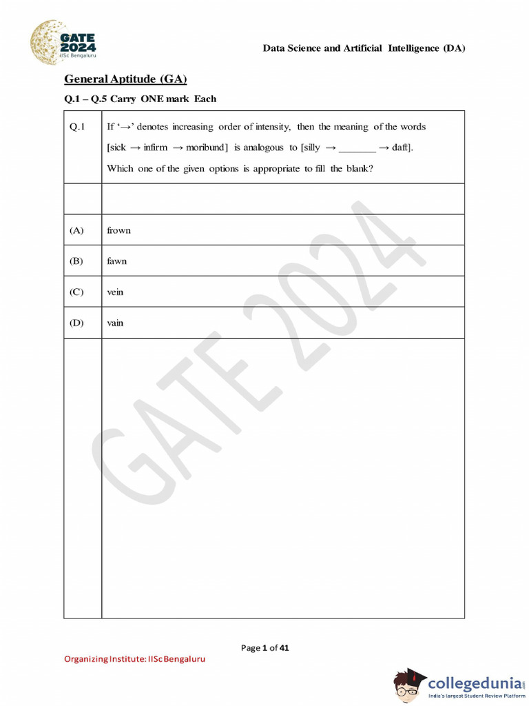 GATE 2024 Data Science and Artificial Intelligence Question Paper | PDF GATE 2024 Data Science and Artificial Intelligence Question Paper | PDF