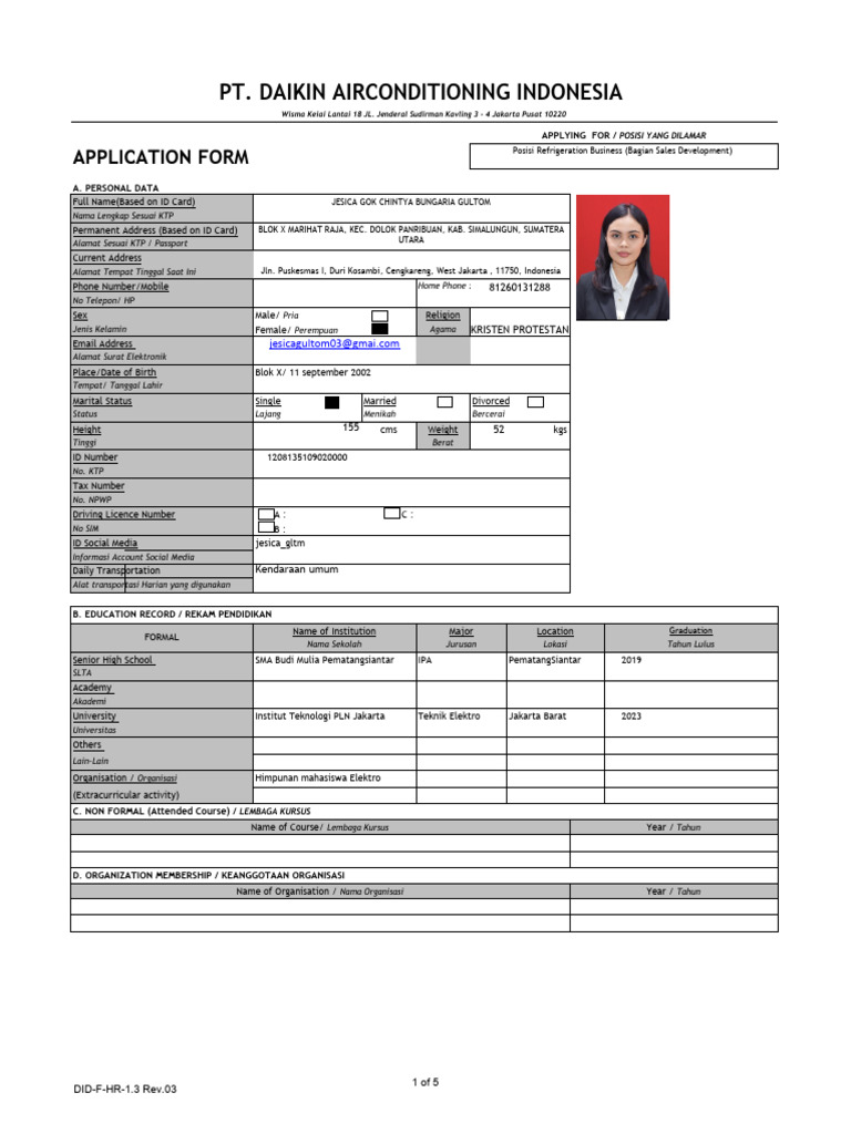 Did F Hr 1 3 Rev 03 Application Form Form Aplikasi Pdf
