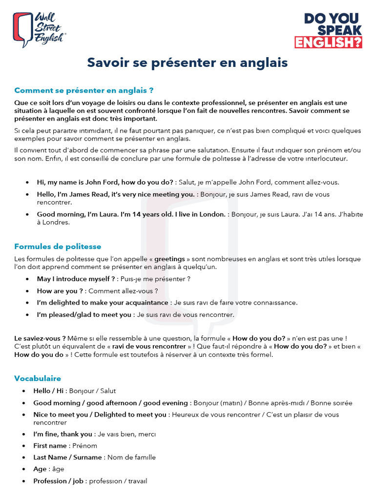 Se présenter en anglais facilement | PDF | Conventions culturelles
