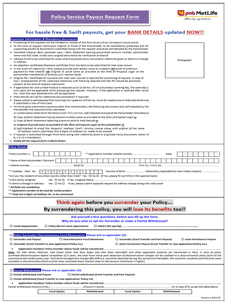 PNB MetLife Financial Payout Request Form | PDF | Insurance | Income Tax