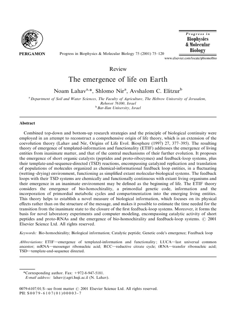 The Emergence of Life On Eart - 2001 - Progress in Biophysics and ...