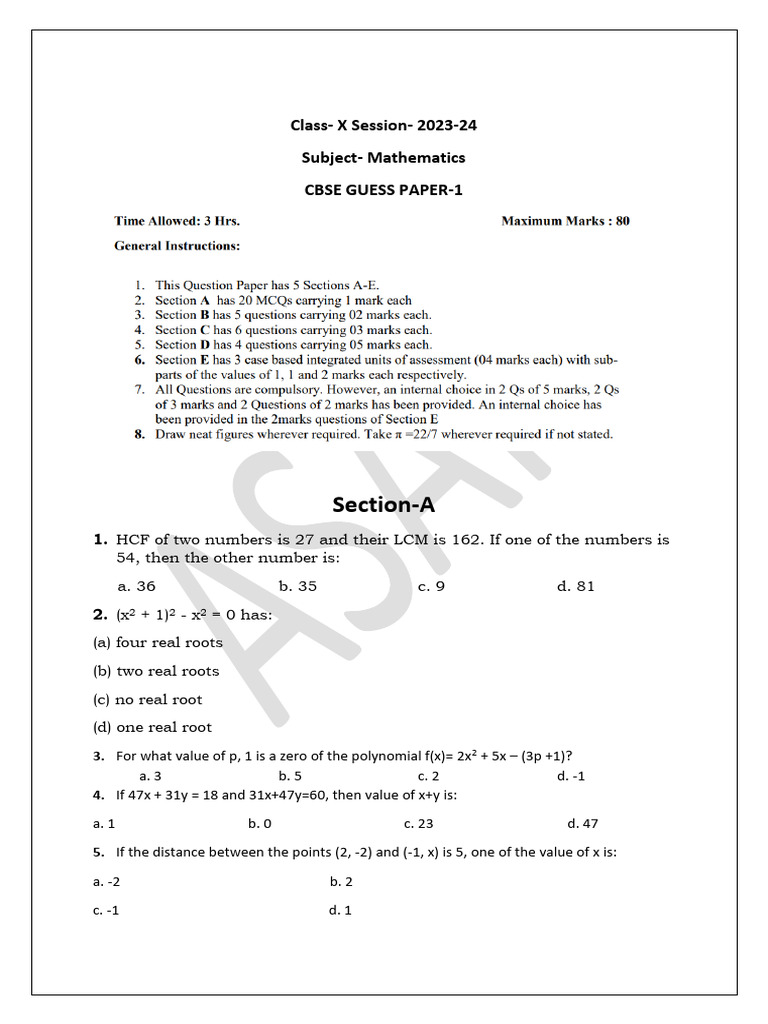 CBSE GUESS PAPER-1 | Download Free PDF | Mathematical Objects | Mathematics