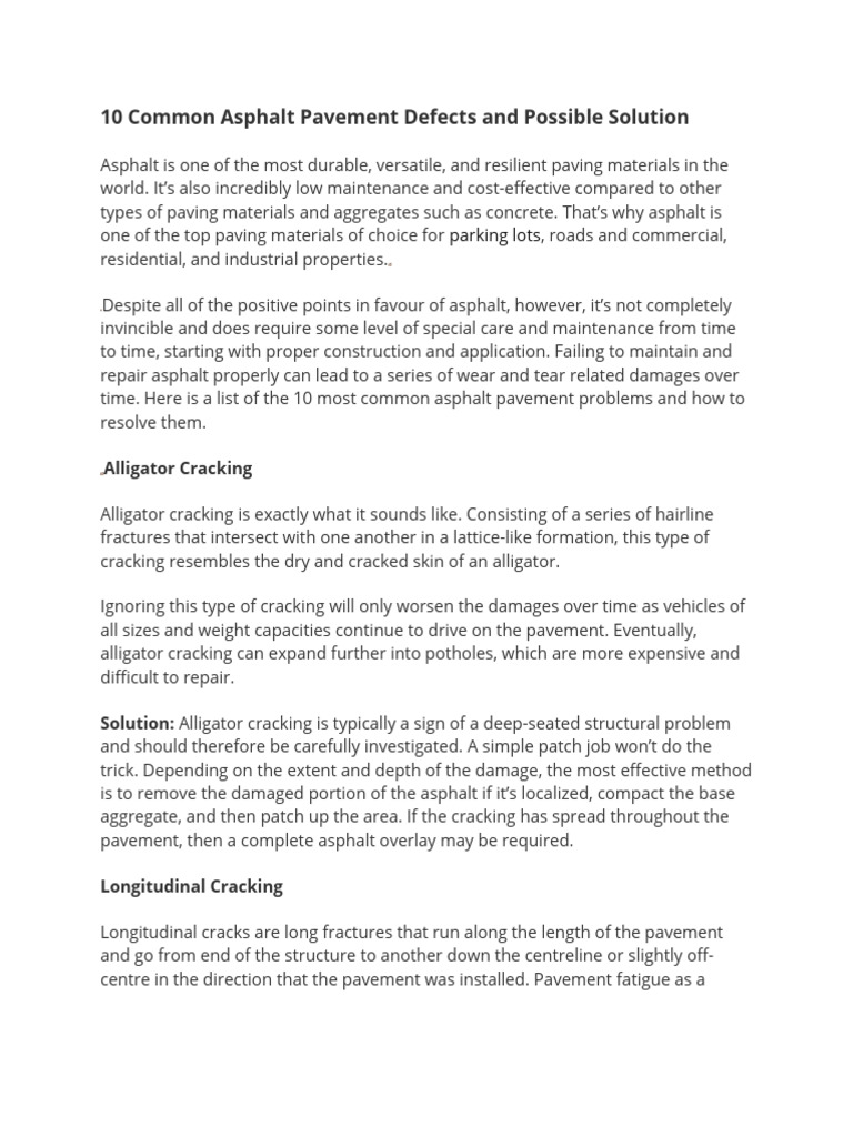 10 Common Asphalt Pavement Defects and Possible Solution | PDF | Road ...