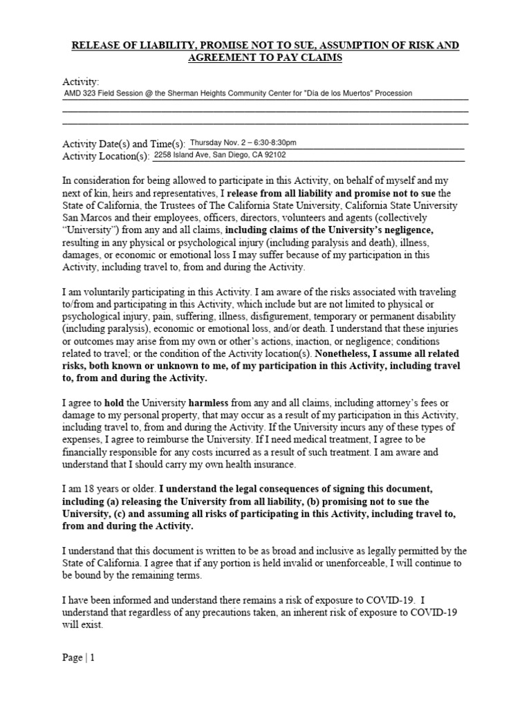 Liability Waiver for CSU Activity | PDF | Legal Liability | Negligence