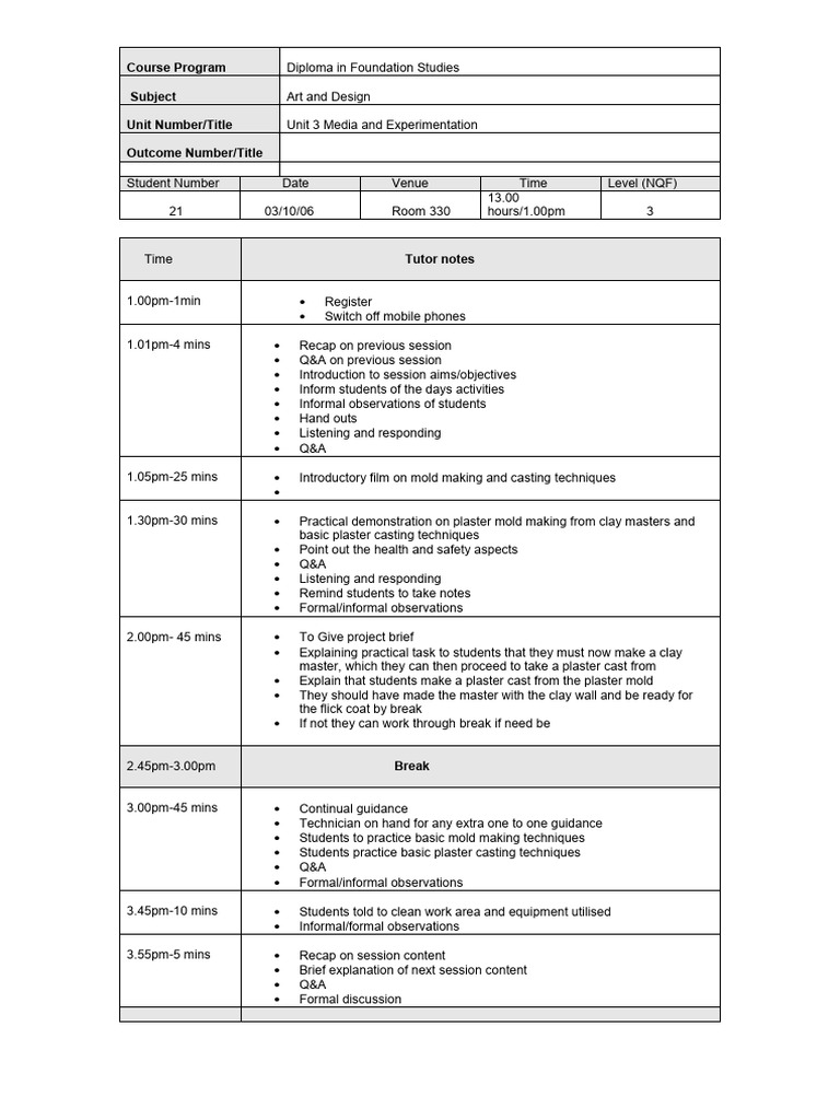 Tutor Notes Proforma 1a | PDF | Plaster | Casting