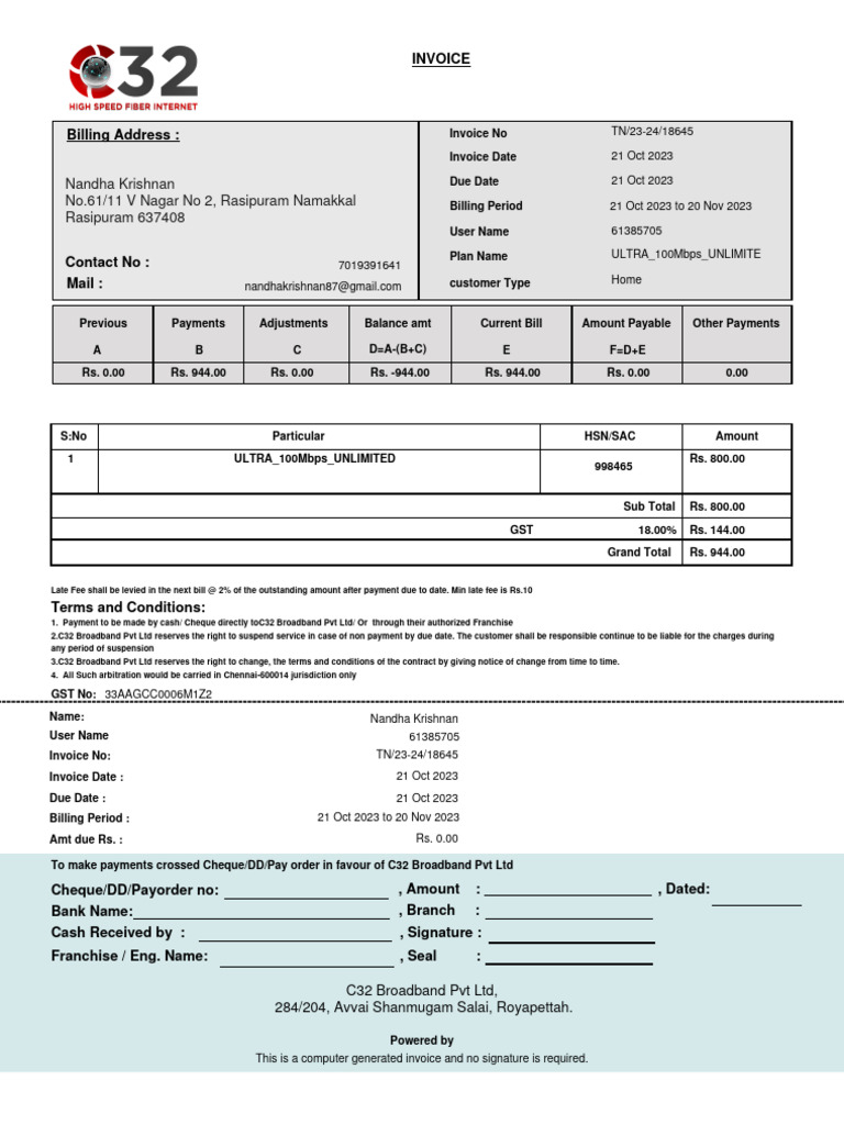 C32 Bill-Oct-2023 | Download Free PDF | Cheque | Money