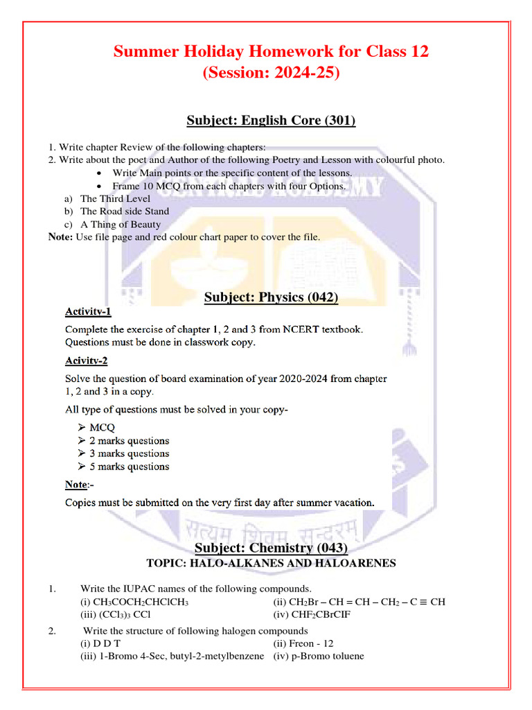 Class 12 Summer Homework 2024-25 | PDF