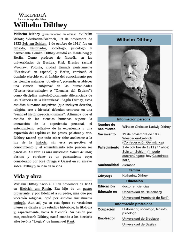 Wilhelm Dilthey | PDF | Educación en artes liberales