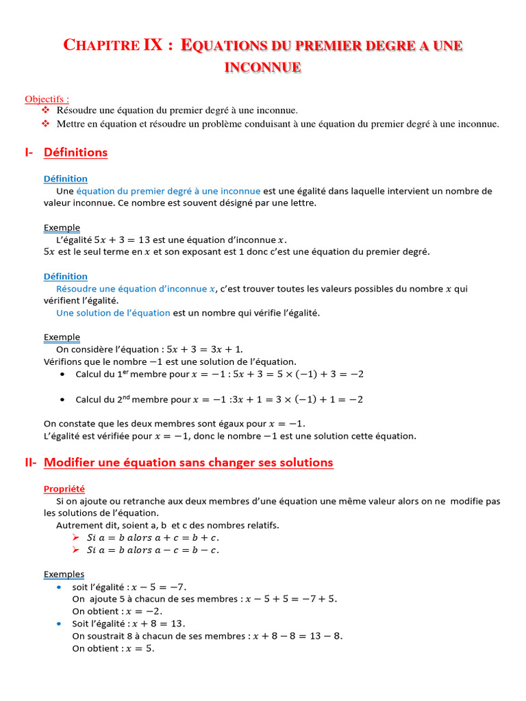 Équations du 1er degré à une inconnue | PDF | Équations | Mathématiques
