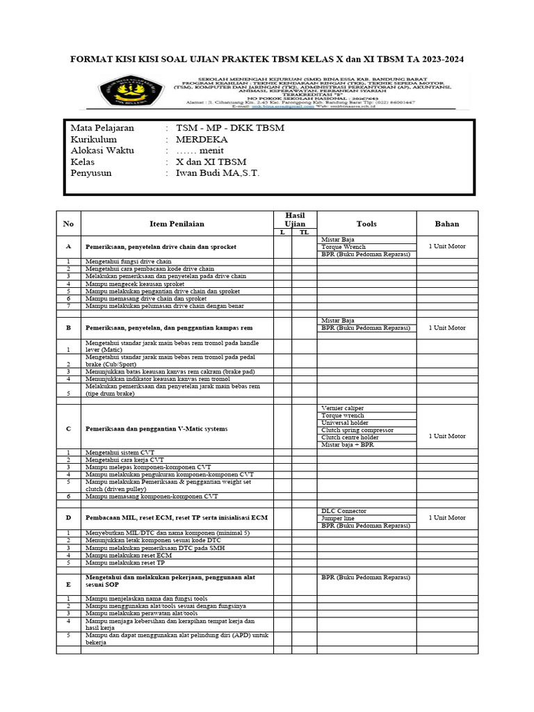 Kisi Kisi Dan Soal Ujian Praktek Kelas X Dan Xi TBSM Ta 2023 | PDF | Teknologi & Rekayasa