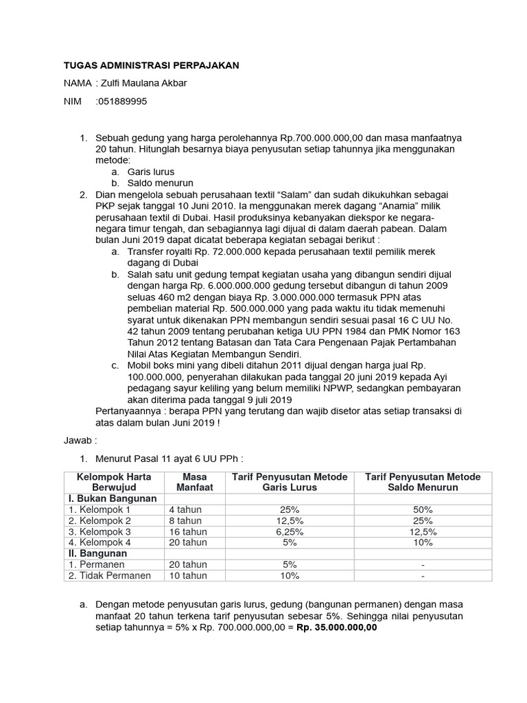 Tugas 3 Sesi 7 - Administrasi Perpajakan - Zulfi Maulana Akbar - NIM 051889995 | PDF