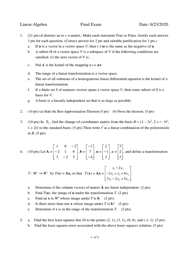 Linear Algebra - Final - 2020 | Download Free PDF | Vector Space ...