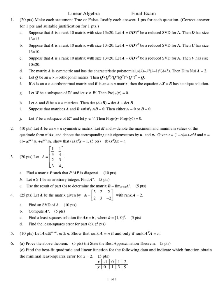 Linear Algebra Final Exam Questions | PDF | Matrix (Mathematics ...
