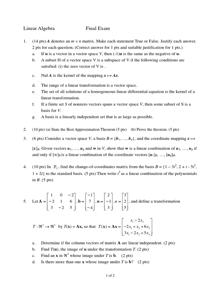 Linear Algebra Final Exam - Sample | PDF | Linear Map | Vector Space
