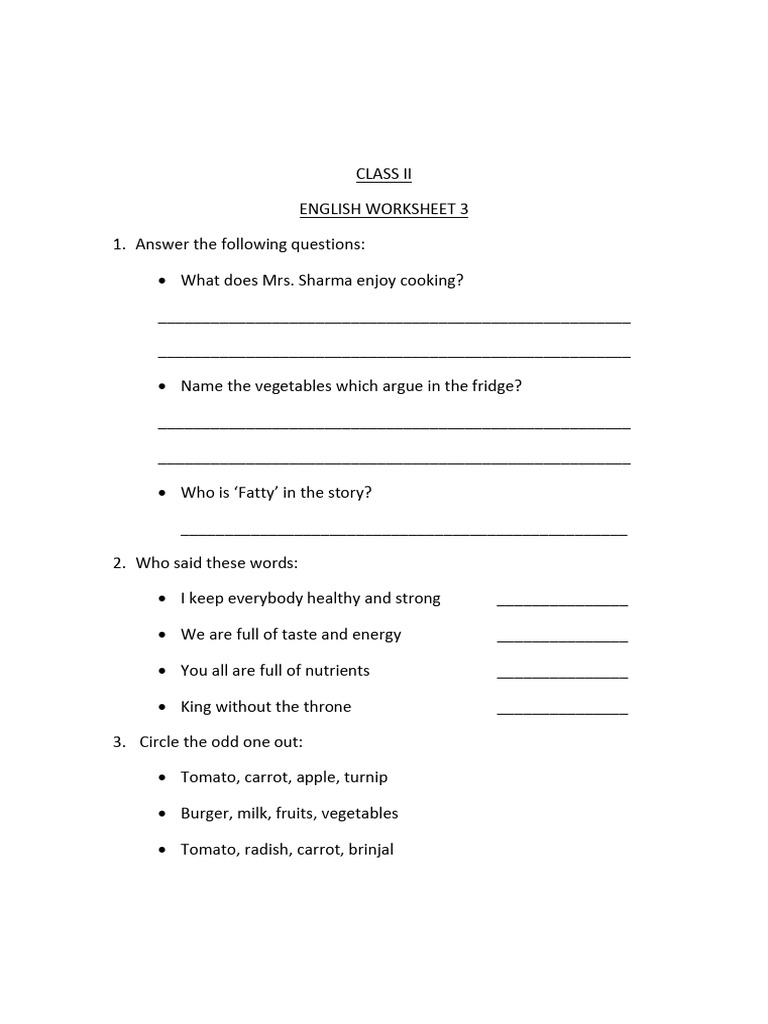 Class II English Worksheet Activities | PDF