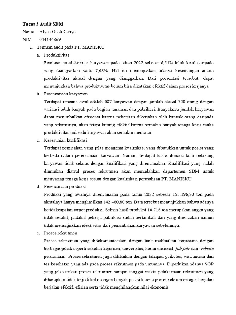 Tugas 3 Audit SDM - 044134869 | PDF | Karier & Perkembangan | Bisnis
