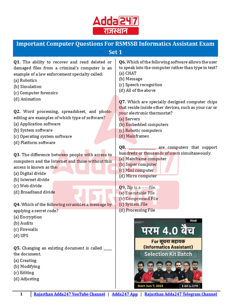 Important Computer Questions For RSMSSB Informatics Assistant Exam Set ...