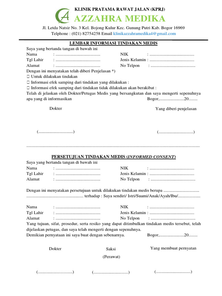 Form Persetujuan Tindakan Medis Azzahra Medika Bojong Kullur | PDF