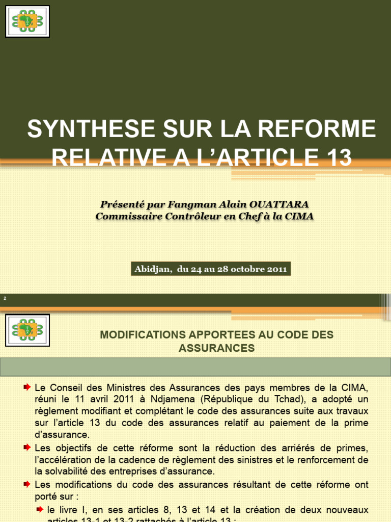 Présentation de La Reforme Relative À L'article 13 Du Code Des Assurances | PDF | Assurance ...