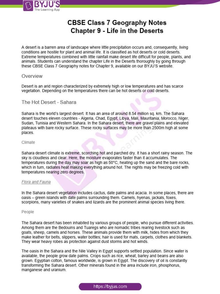 CBSE Class 7 Geography Notes Chapter 9 Life in The Deserts | PDF ...