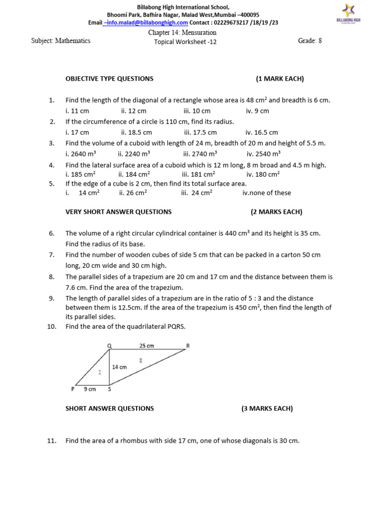 Grade 8 Mensuration Worksheet | PDF | Area | Length