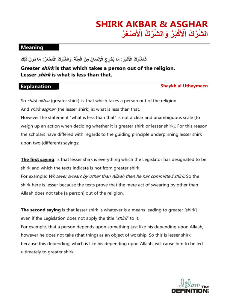 Understanding Greater and Lesser Shirk | PDF | Religious Faiths ...