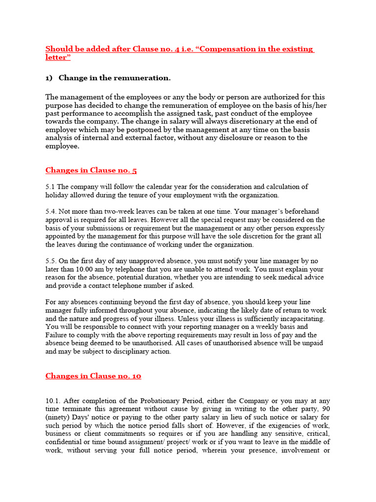 Changes in Employment Aggreement. | PDF | Indemnity | Employment