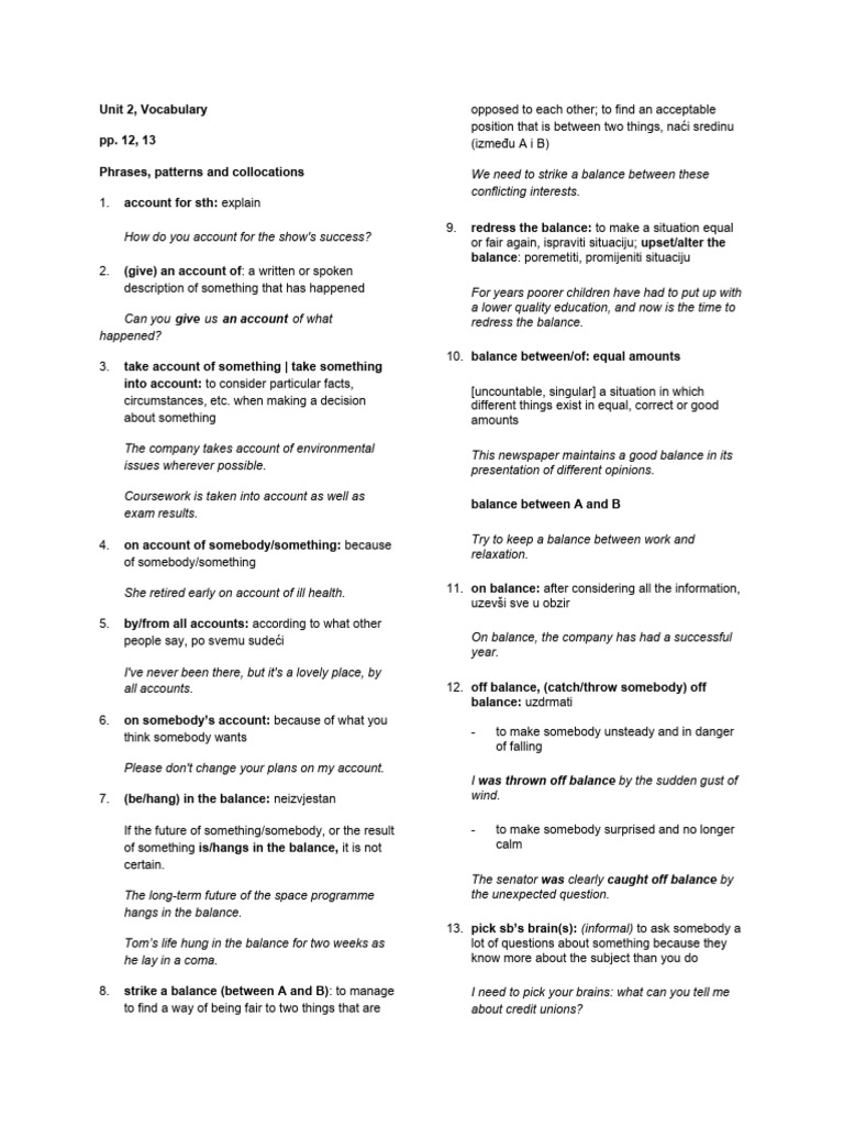 Destination C1 & C2, Unit 2, Vocabulary, Phrases, Patterns and Collocations, Idioms, Word ...
