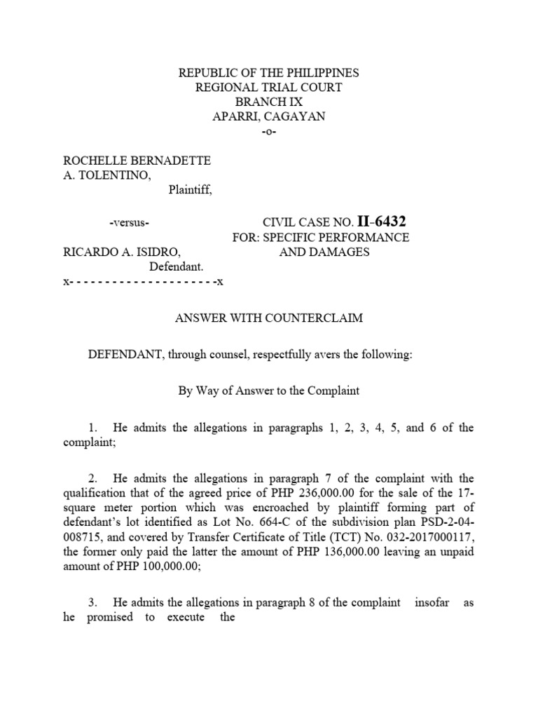 Defendant's Answer in Civil Case II-6432 | PDF | Lawsuit | Complaint