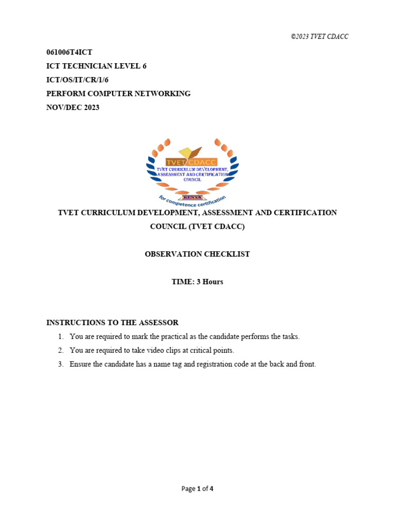 ICT Technician Networking Assessment Checklist | PDF | Computer Network ...