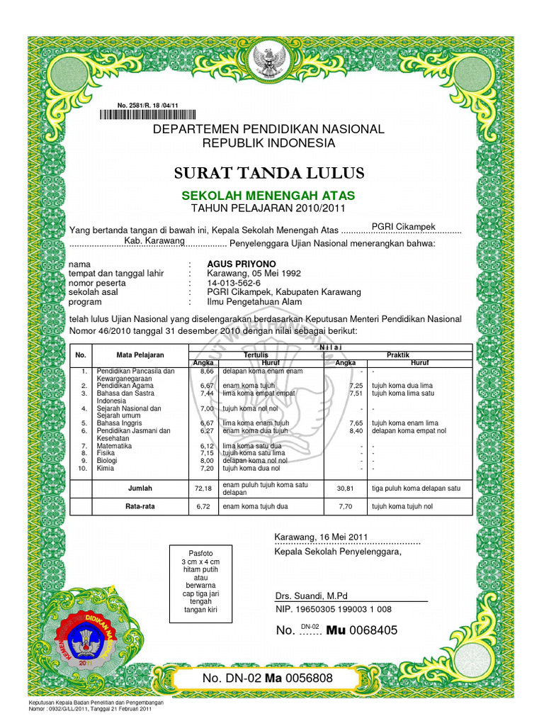 Surat Tanda Lulus SMA 2011 PGRI Cikampek | PDF
