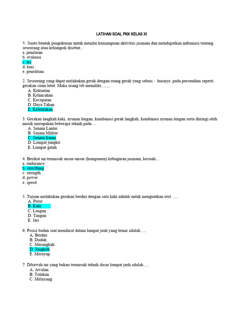 LATIHAN SOAL PKK PENJAS KLS XI Genap-1 | PDF | Olahraga & Rekreasi