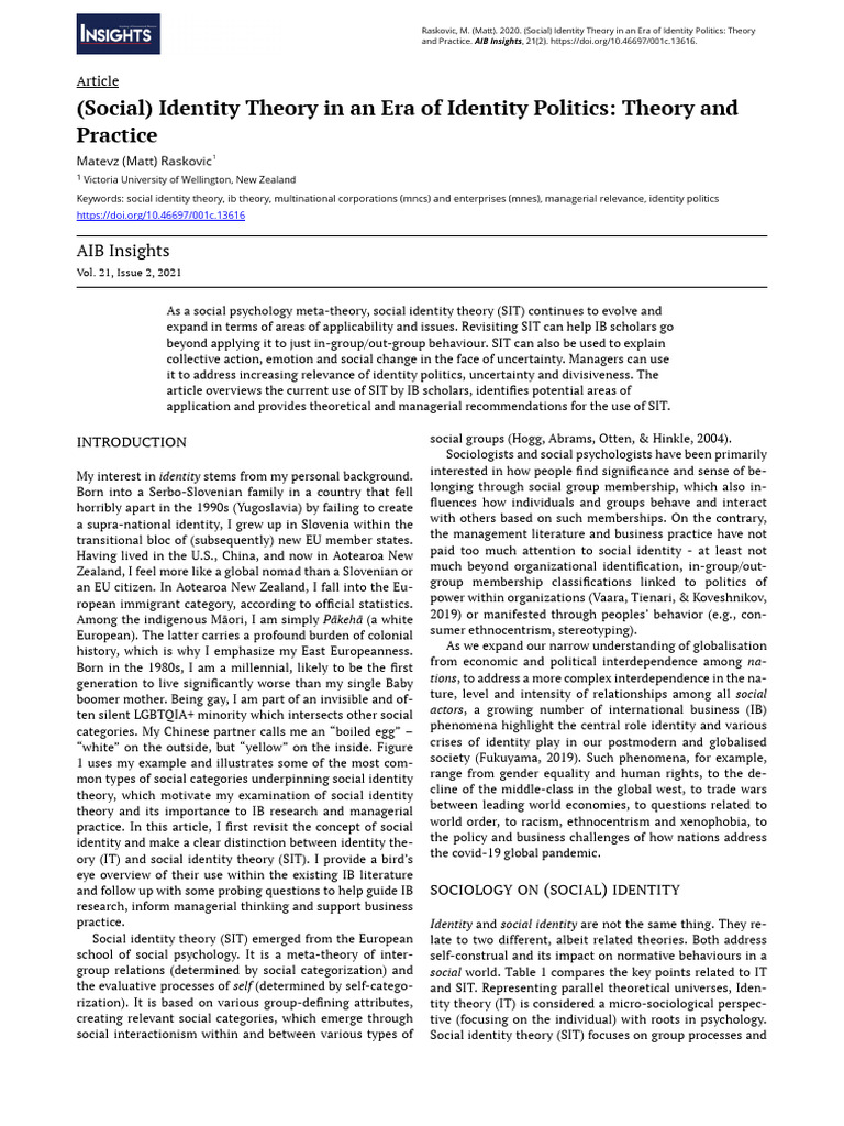 Social Identity Theory in An Era of Identity Politics Theory and ...