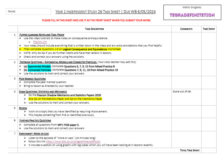 0. Year 1 - Independent Study 26 Task Sheet | PDF | Learning
