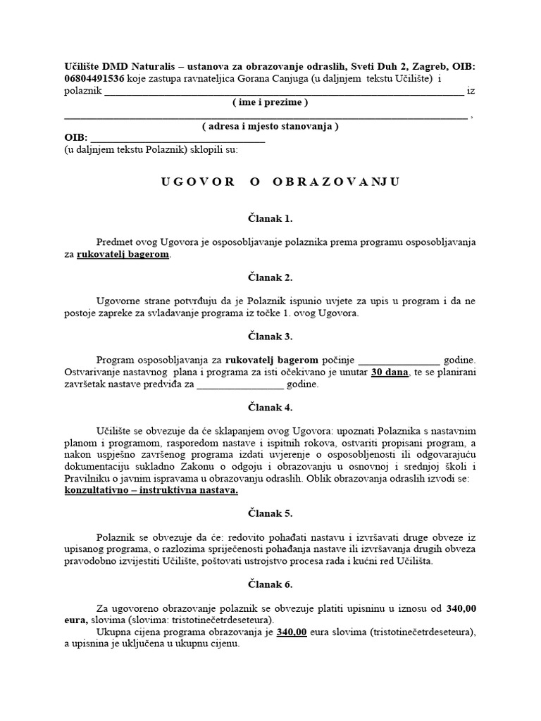 Ugovor o Obrazovanju - Bager | PDF