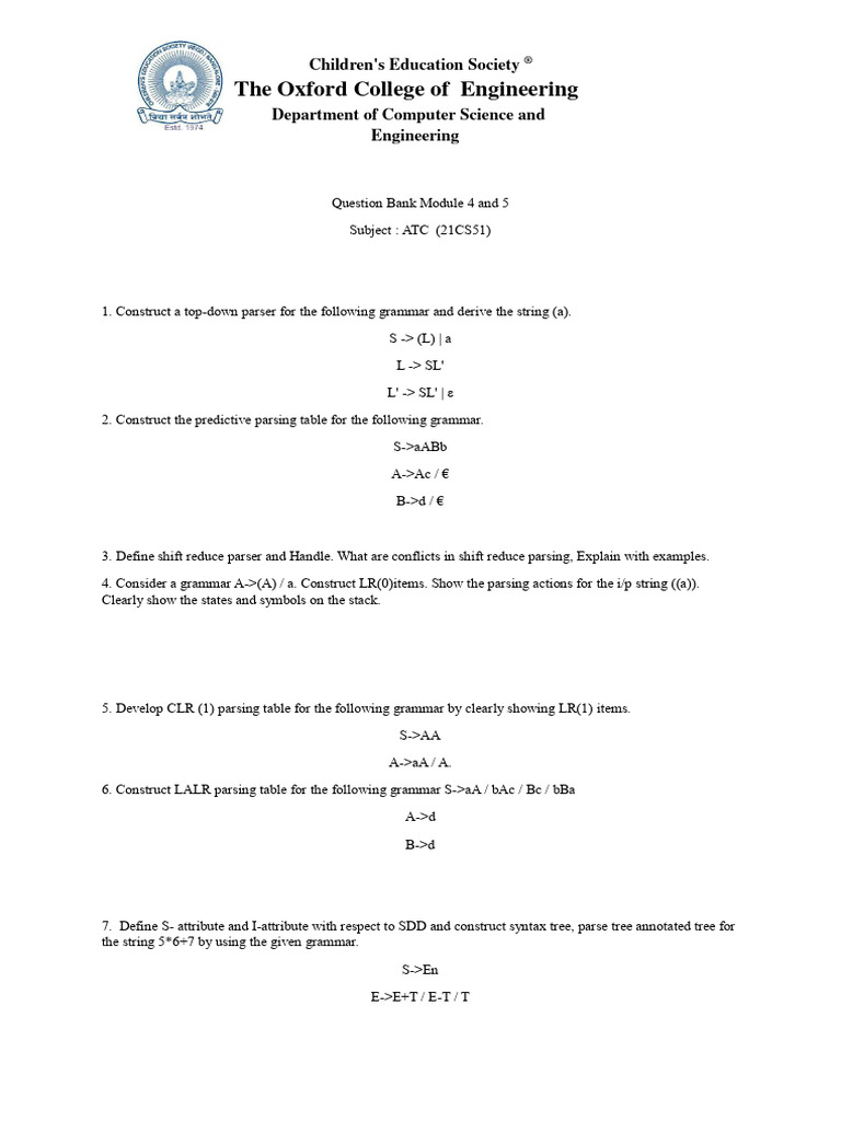 Question Bank Module 4 And 5 Pdf Parsing Syntax Logic 