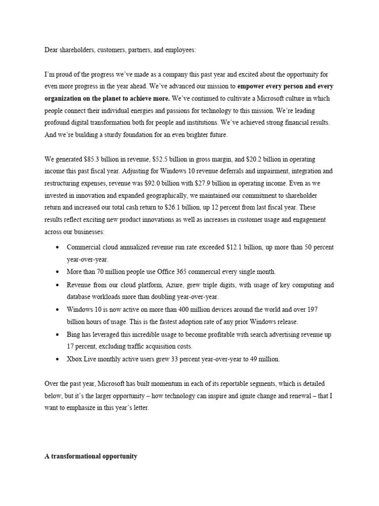 2016 Shareholder Letter | PDF | Cloud Computing | Microsoft Azure
