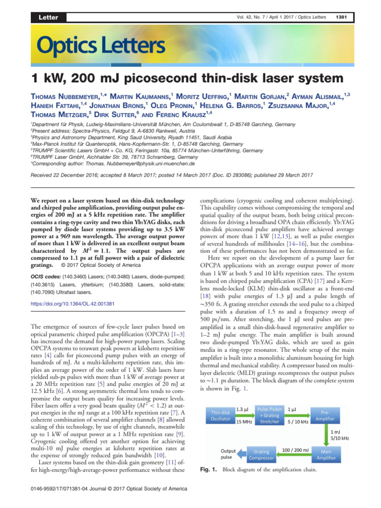 1 kW, 200 mJ picosecond thin-disk laser system | PDF | Laser | Quantum ...